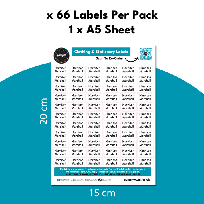 66 Personalised Stick On Clothing Labels For School & Care Homes Cloth