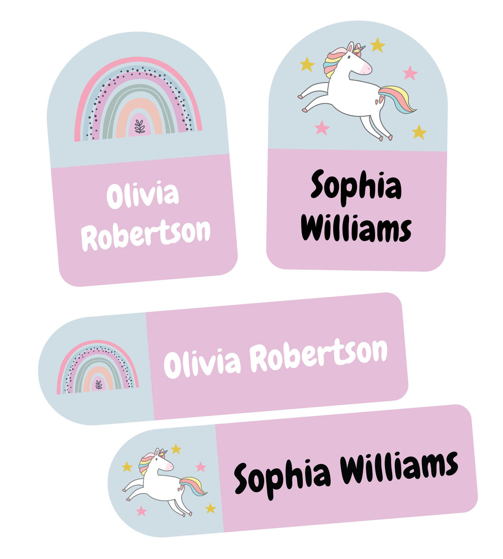20 x Pink Unicorn & Rainbows Name Label Tags