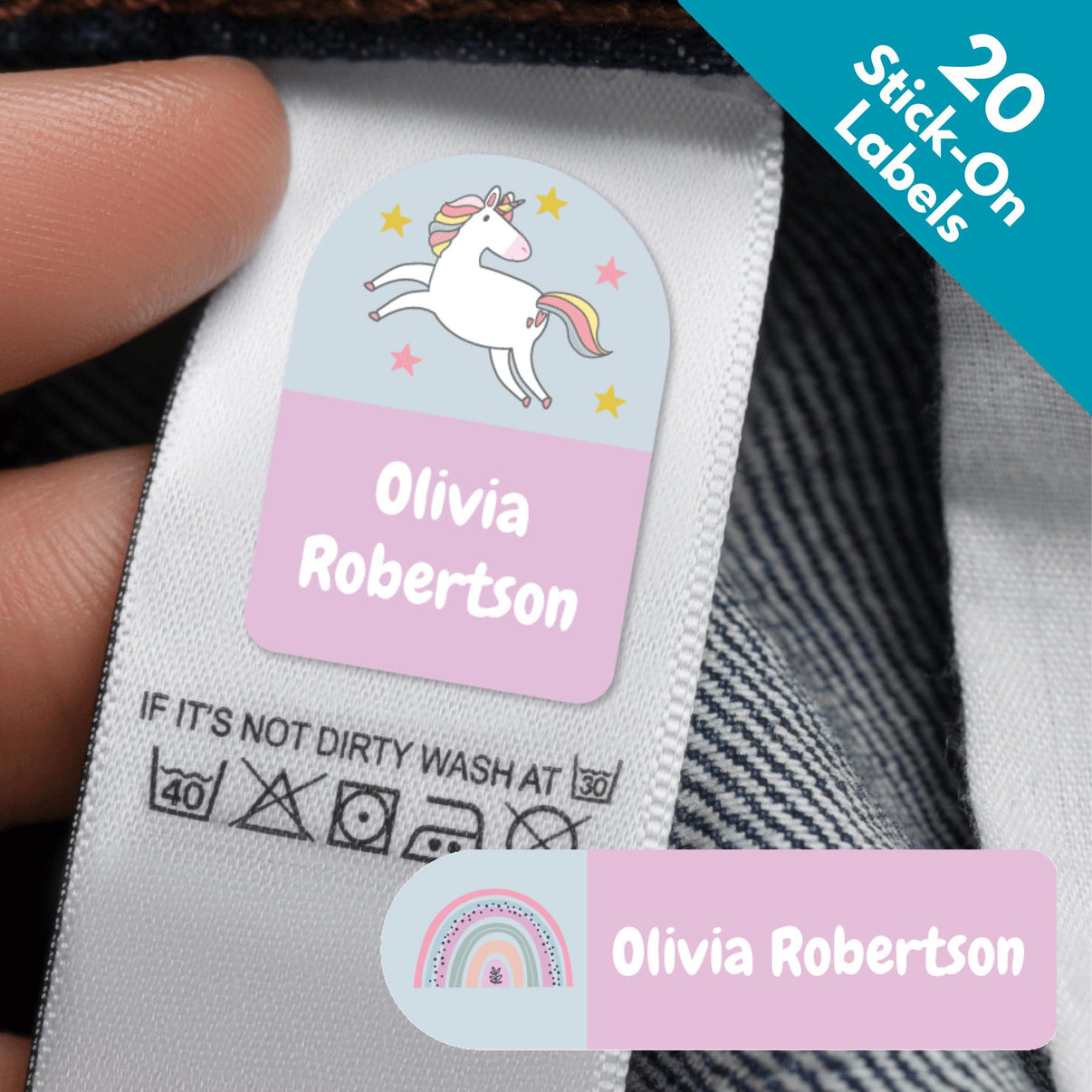 20 x Pink Unicorn & Rainbows Name Label Tags