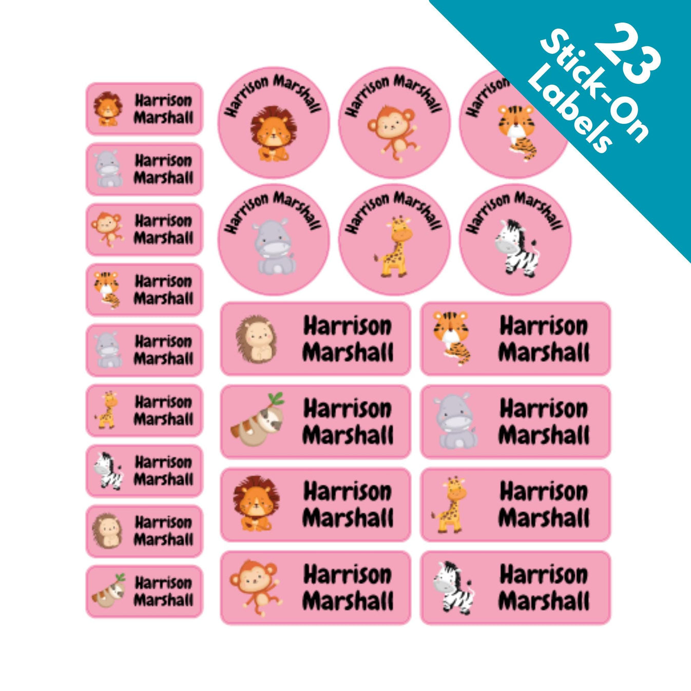23 x Mixed Pink Safari Animals Name Label Tags – QuoteMyWall