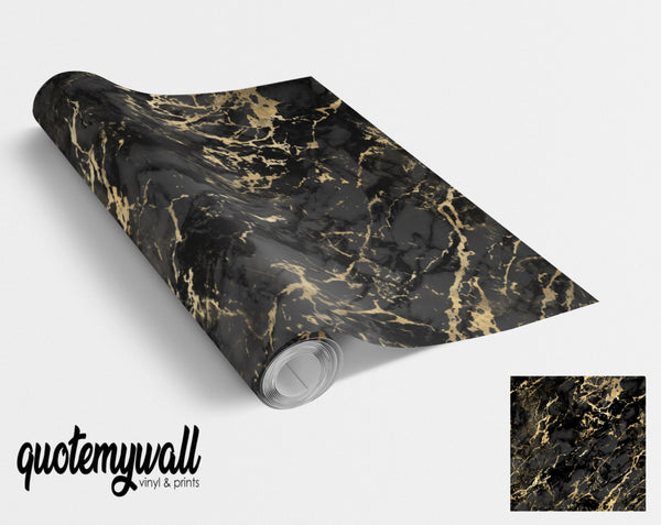 Black & Gold Marble Wrap Sticky Back Plastic Removable Furniture Self