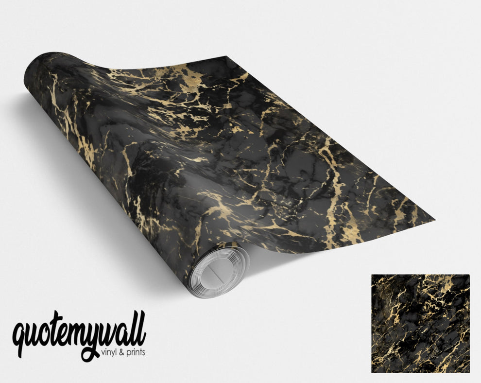 Black & Gold Marble Wrap Sticky Back Plastic Removable Furniture Self
