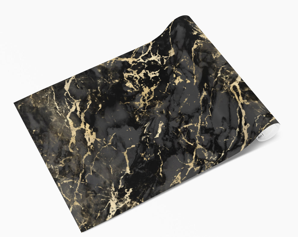 Black & Gold Marble Wrap Sticky Back Plastic Removable Furniture Self