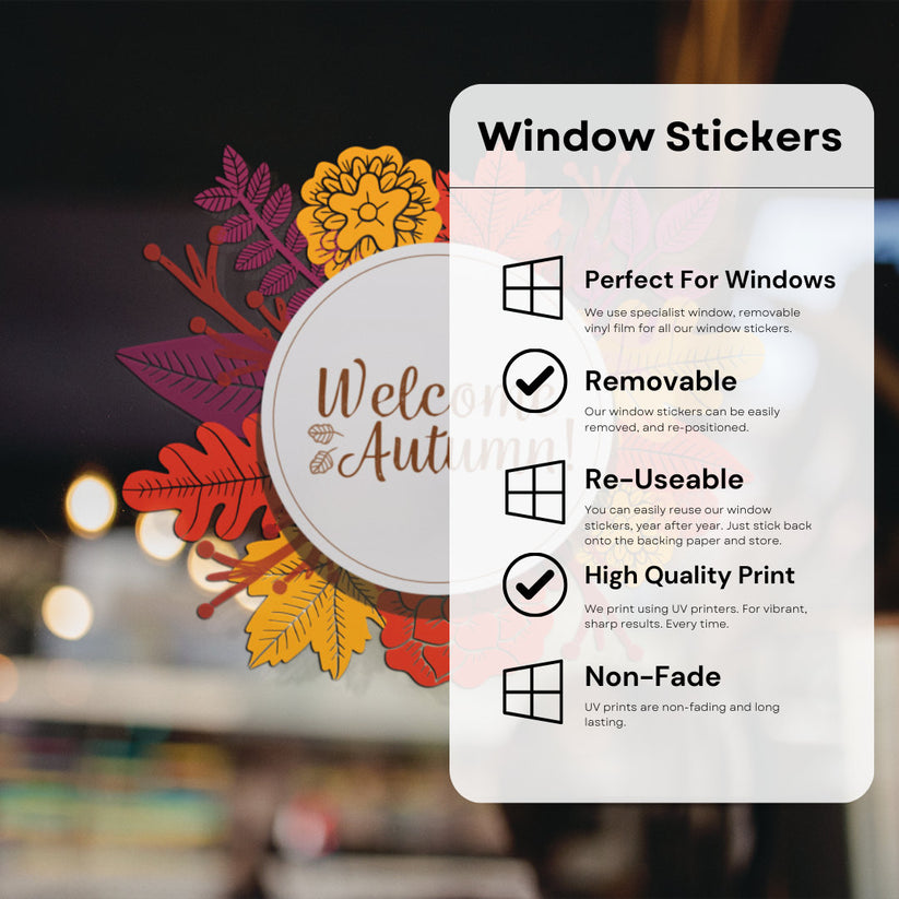 Welcome Autumn, Leaves Window Sticker, Autumnal Shop Window Decal, Rem ...